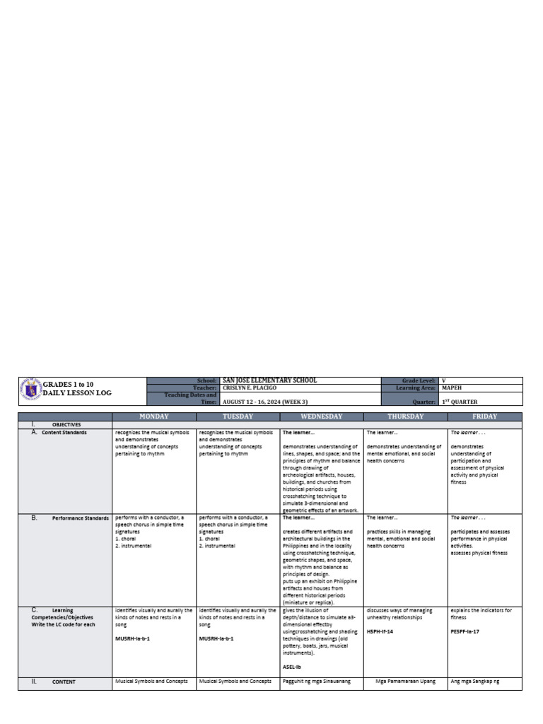 DLL - Mapeh 5 - Q1 - W3 | PDF