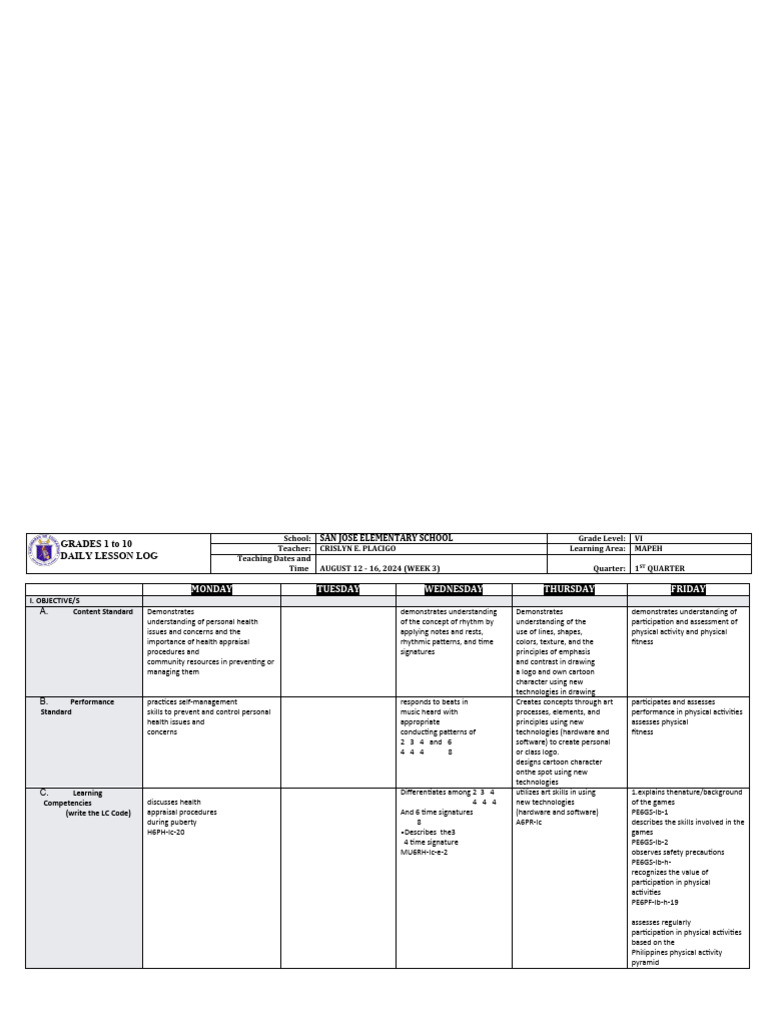 DLL - Mapeh 6 - Q1 - W3 | PDF | Learning | Rhythm