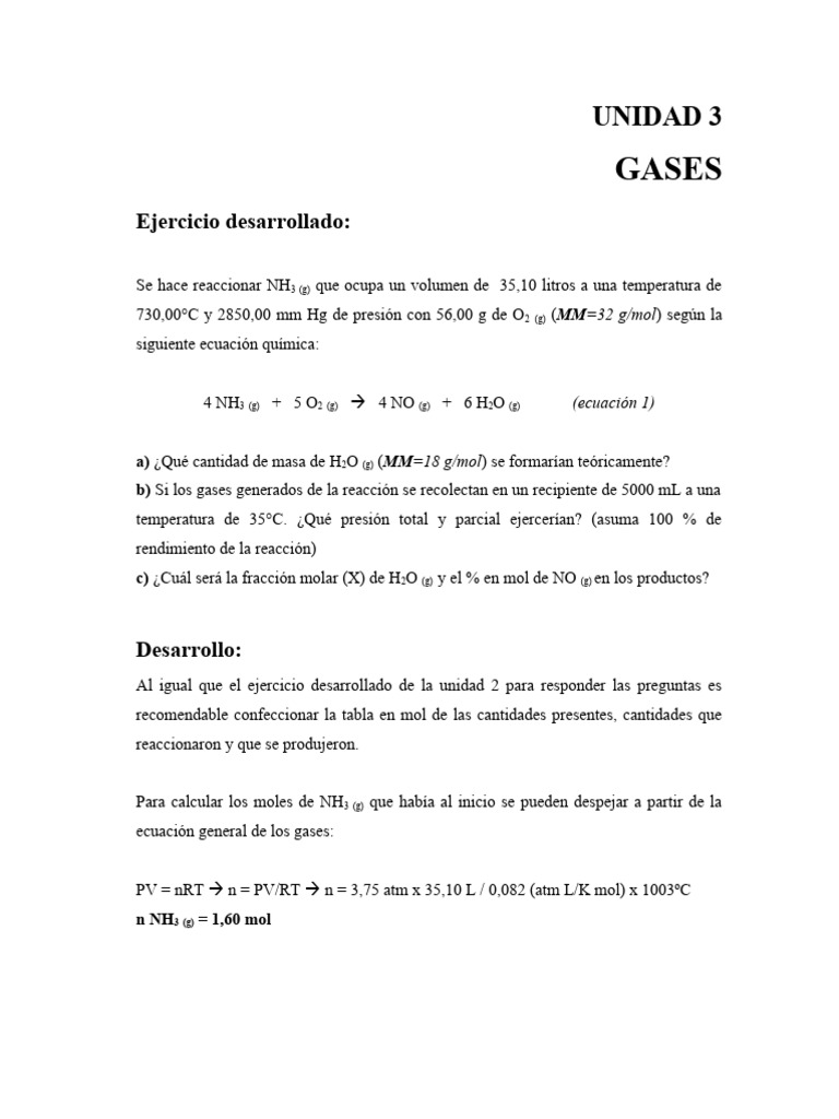 Guia Ejercicios Gases, Unidad 3 | PDF | Gases | Mole (Unidad)