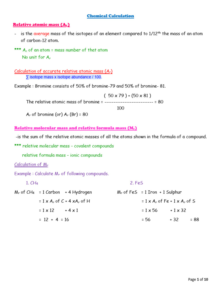 Chemical Calculation Notes | PDF | Mole (Unit) | Stoichiometry