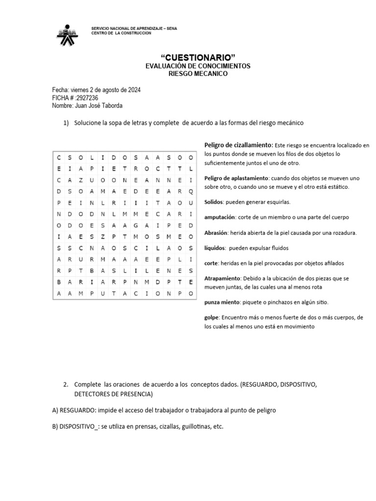 Cuestionario Riesgo Mecanico Juan Taborda | PDF