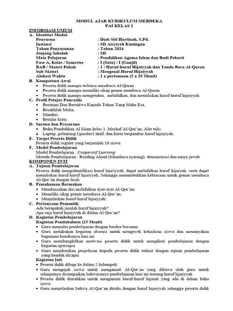 Modul Ajar PAI BAB 1 Huruf Hijaiyyah | PDF