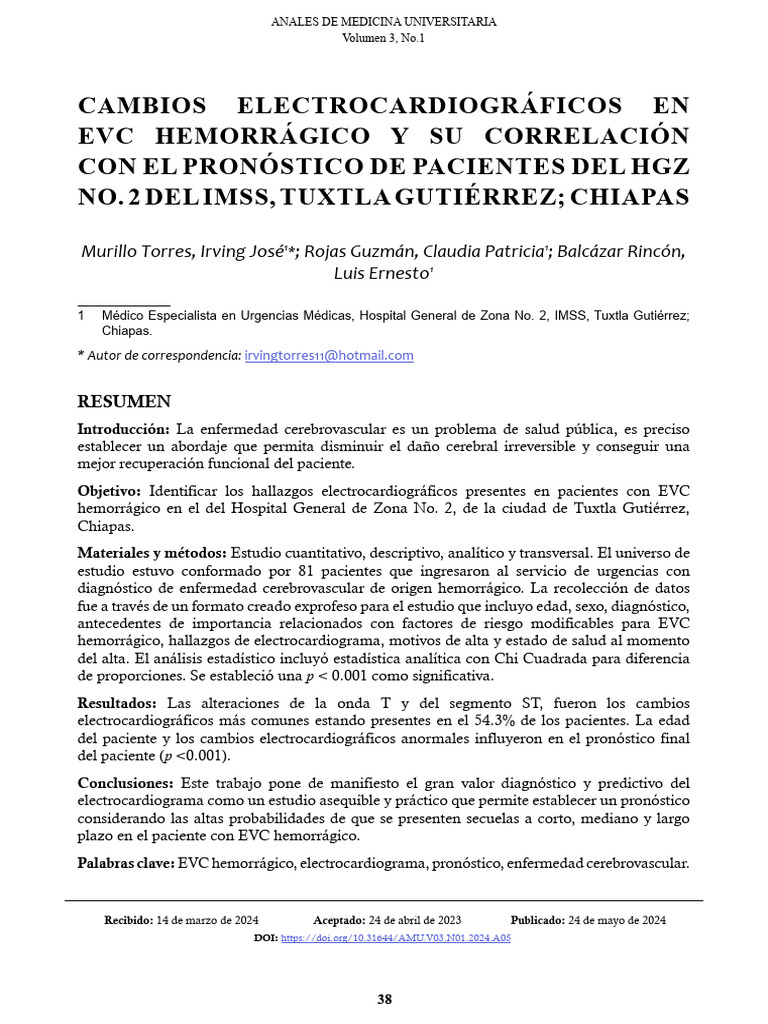 Cambios EKG en EVC Hemorragico y Su Correlación Con El Pronostico | PDF | Epidemiología ...