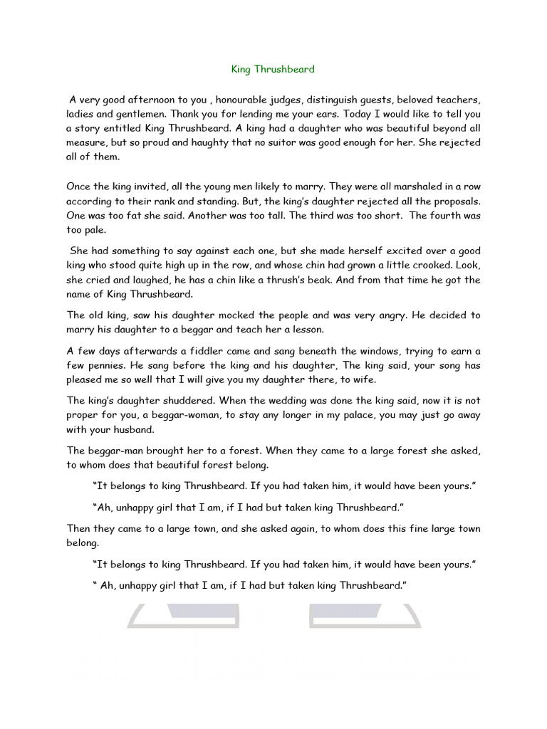 King Thrushbeard Storytelling l1 | PDF | Fairy Tales