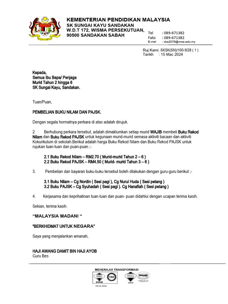 Surat Makluman Kepada Ibu Bapa | PDF