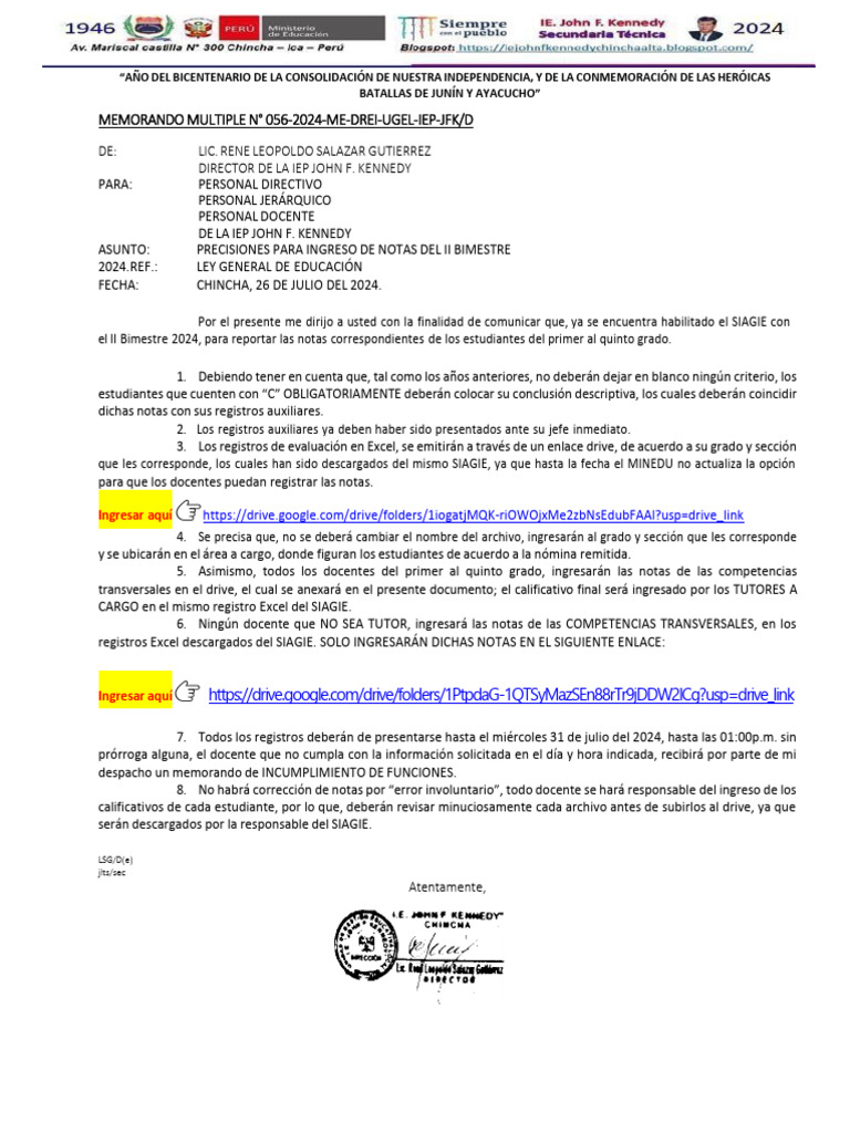 Memorando Multiple #056-2024-Precisiones para Ingreso de Notas Del Ii Bimestre 2024. | PDF