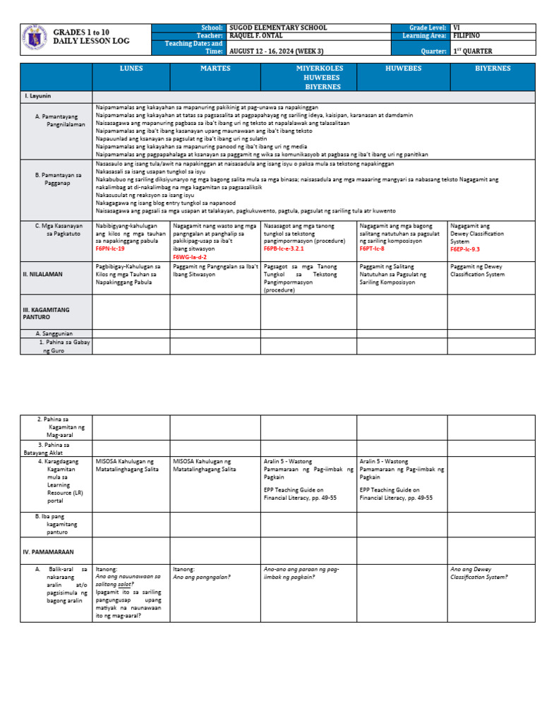 DLL - Filipino 6 - Q1 - W3 | PDF