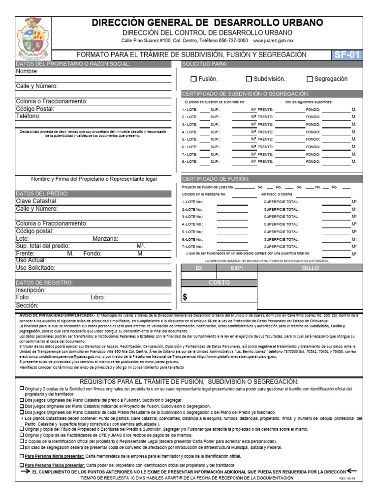Formato SF 01 Subdivision Fusion y Segregacion | PDF | Documento de ...