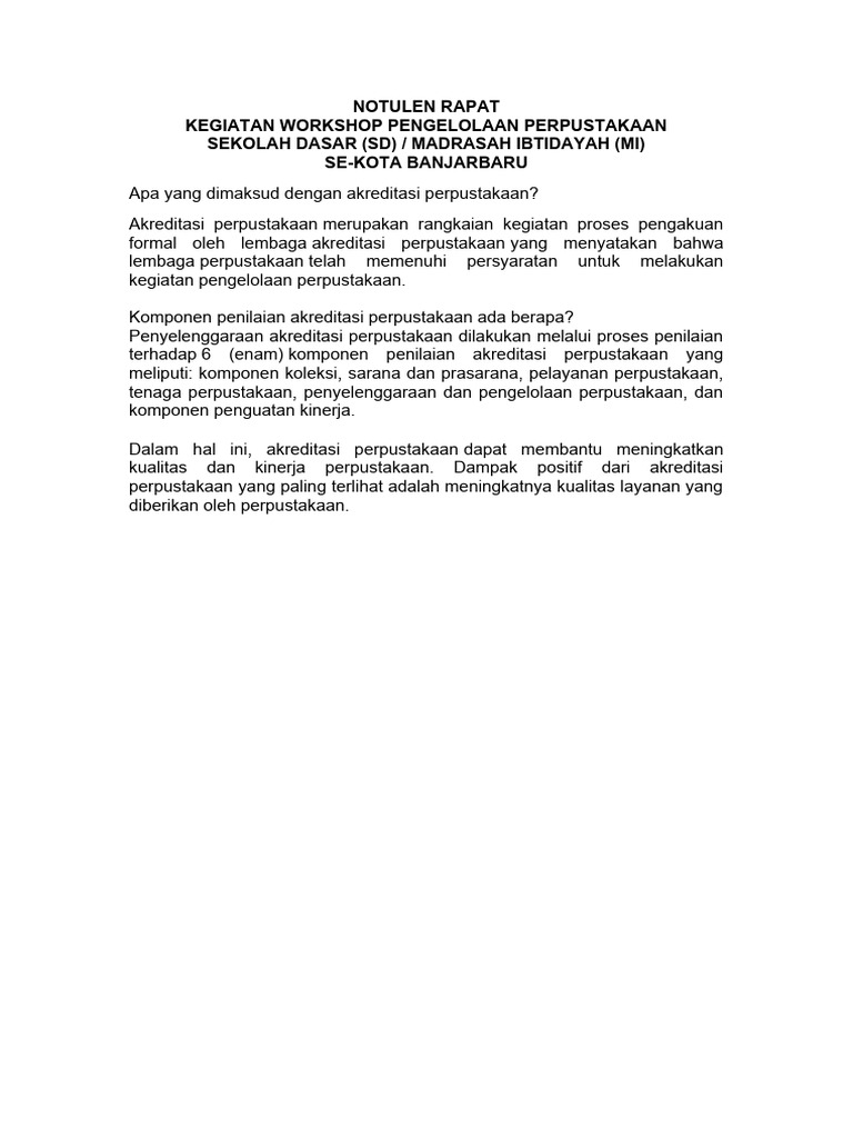 Notulen Workshop Pengelolaan Perpustakaan | PDF | Karier & Perkembangan