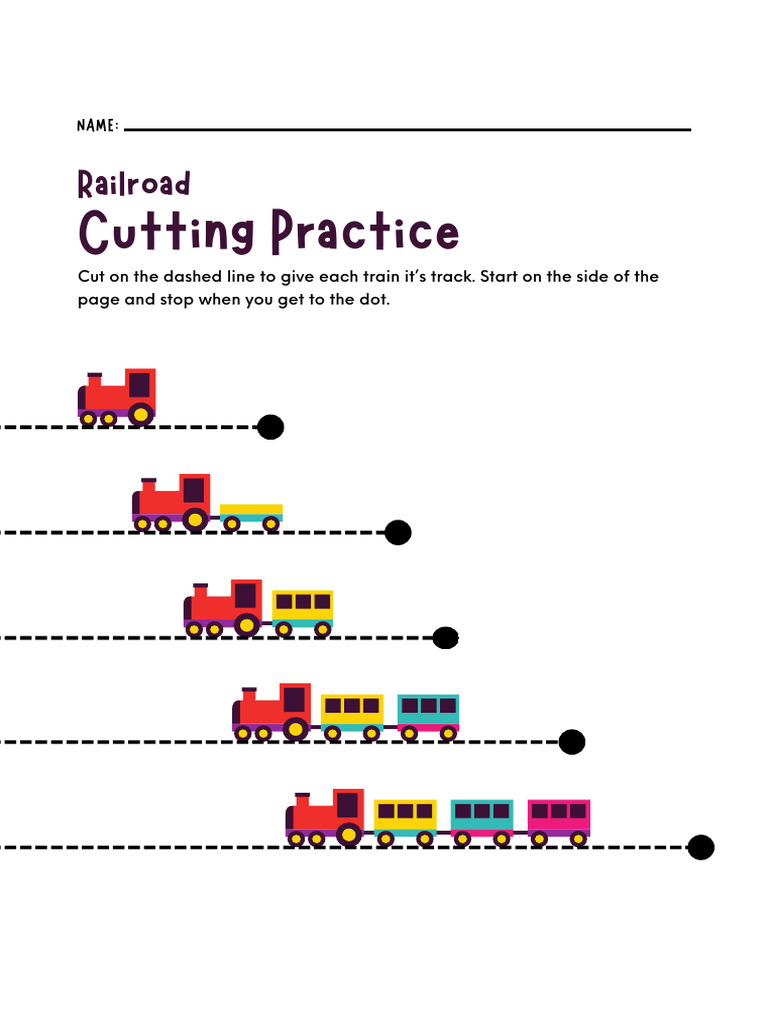 Railroad Cutting Practice Worksheet in Colorful Playful Style | PDF