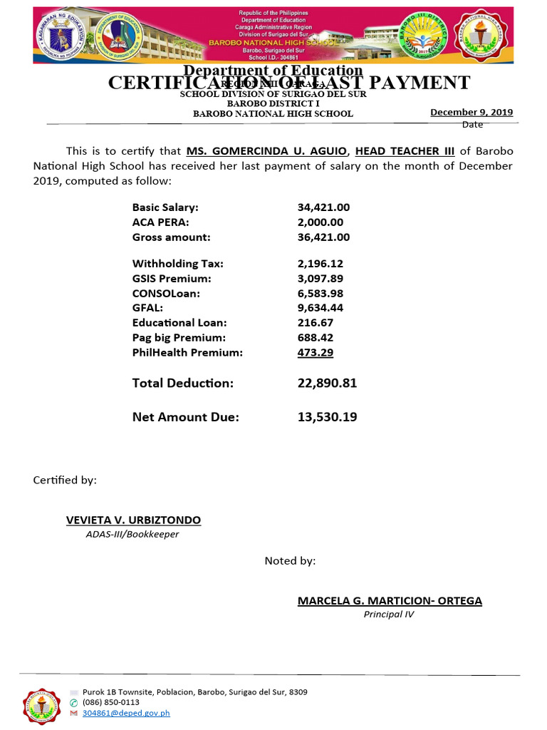 Certification of Last Payment | PDF | Salary | Tax Deduction