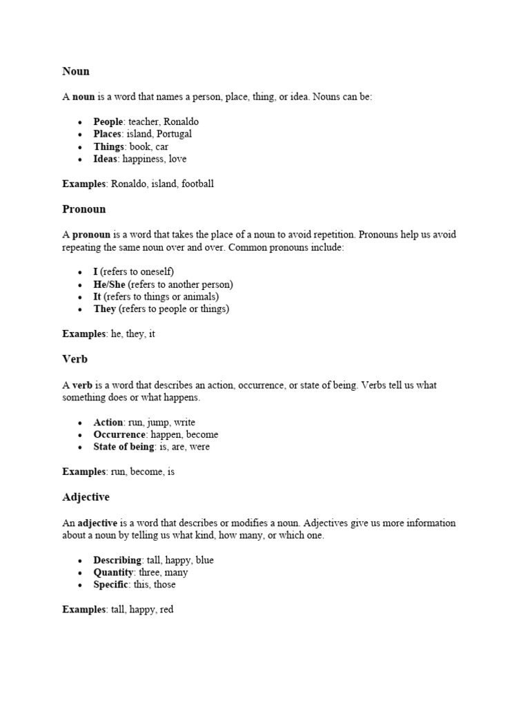 Noun, Pronoun, Verb, Adverb, Adjective | PDF