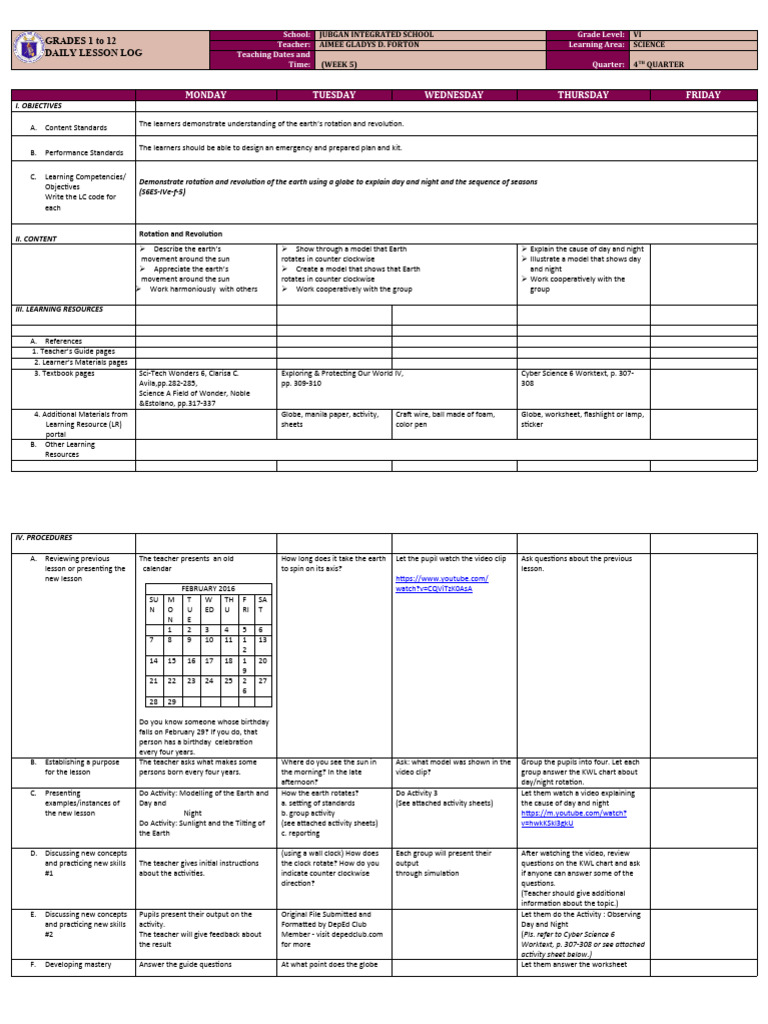 DLL - Science 6 - Q4 - W5 | PDF | Night | Rotation