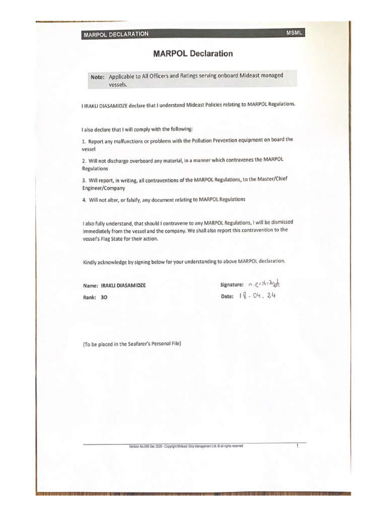 Marpol Declaration 2 | PDF