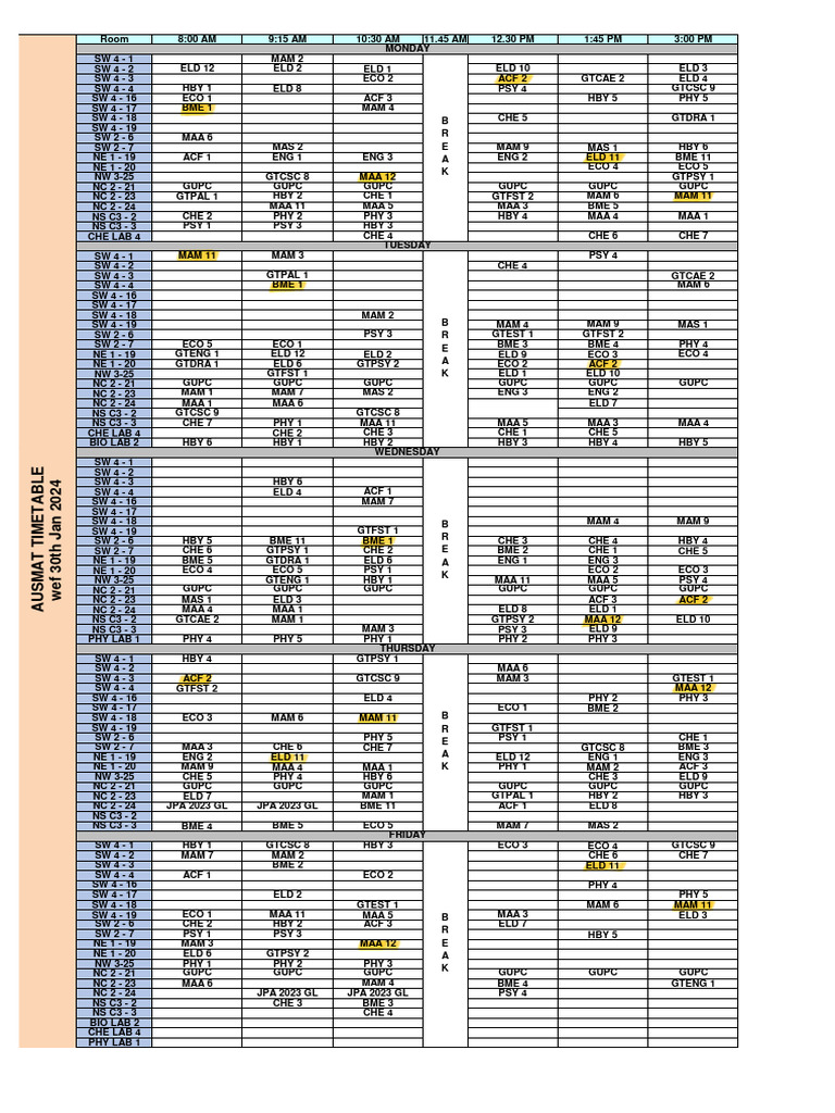 AUSMAT Timetable January 2024 | PDF