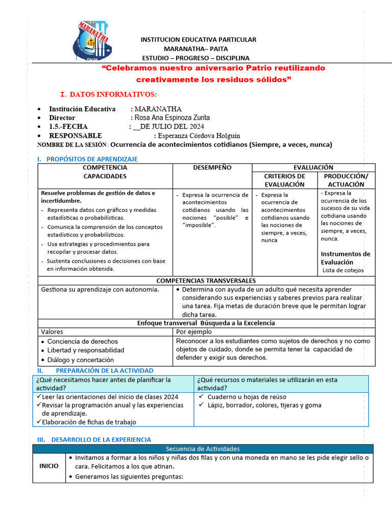 Mat 2° - Sesión 15 de Julio Siempre A Veces Nunca | PDF | Evaluación ...