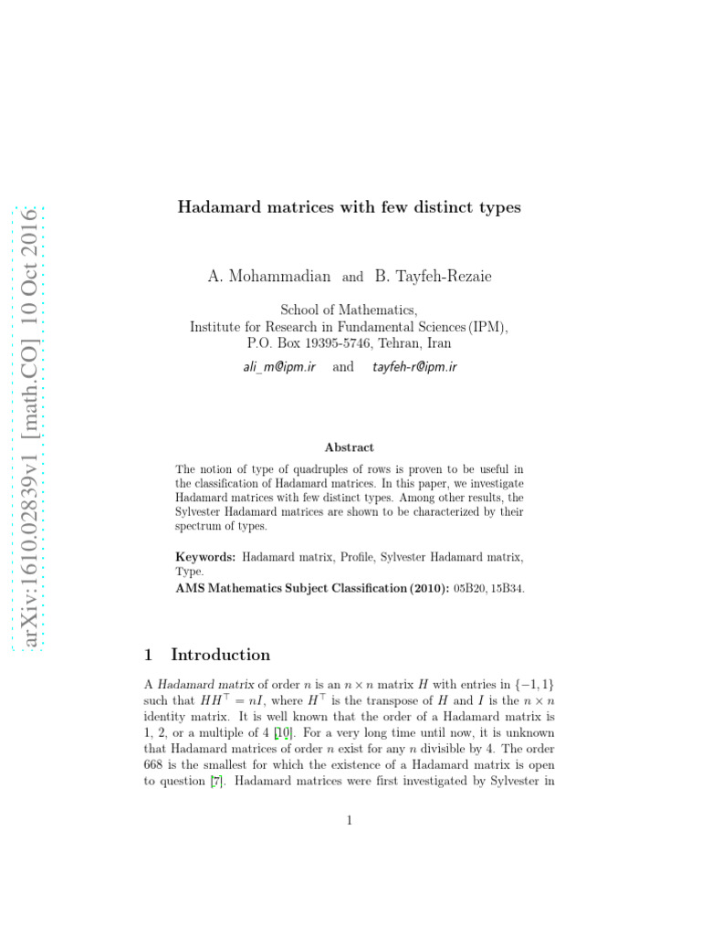Hadamard Matrices With Few Distinct Types | PDF | Matrix (Mathematics) | Combinatorics