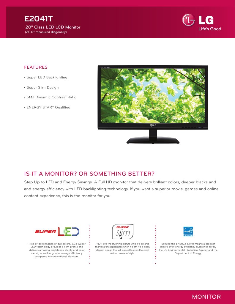 LG LED Monitor E2041T Specification | PDF
