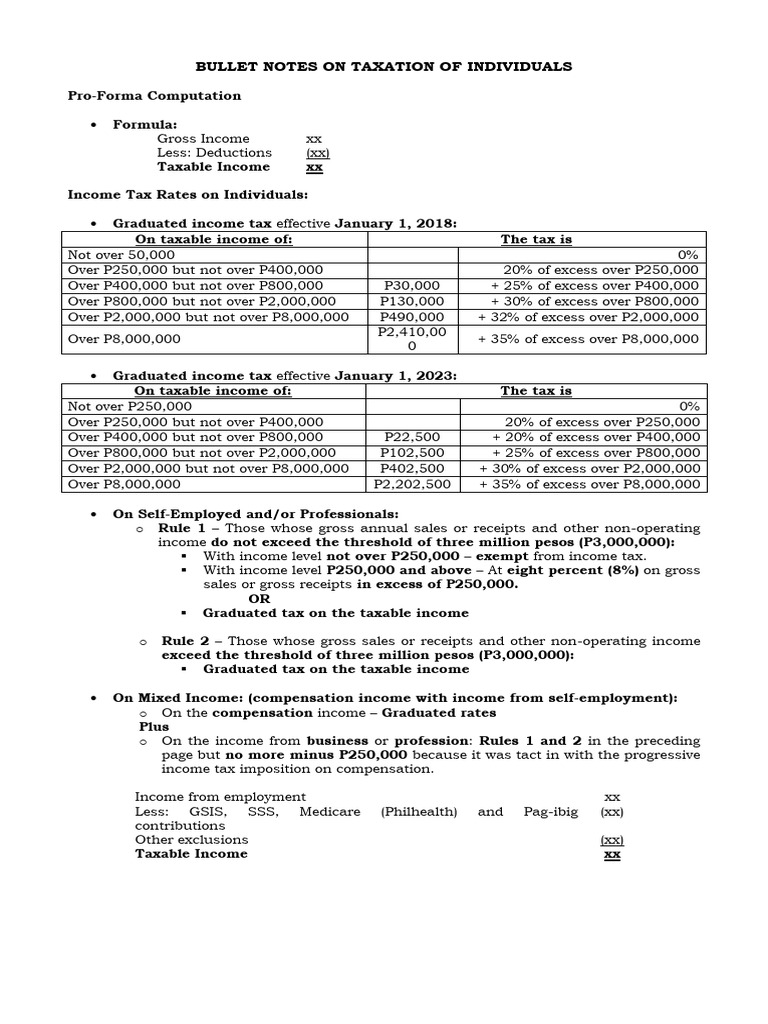 Bullet Notes 2 - Taxation of Individuals | PDF | Taxes | Gross Income