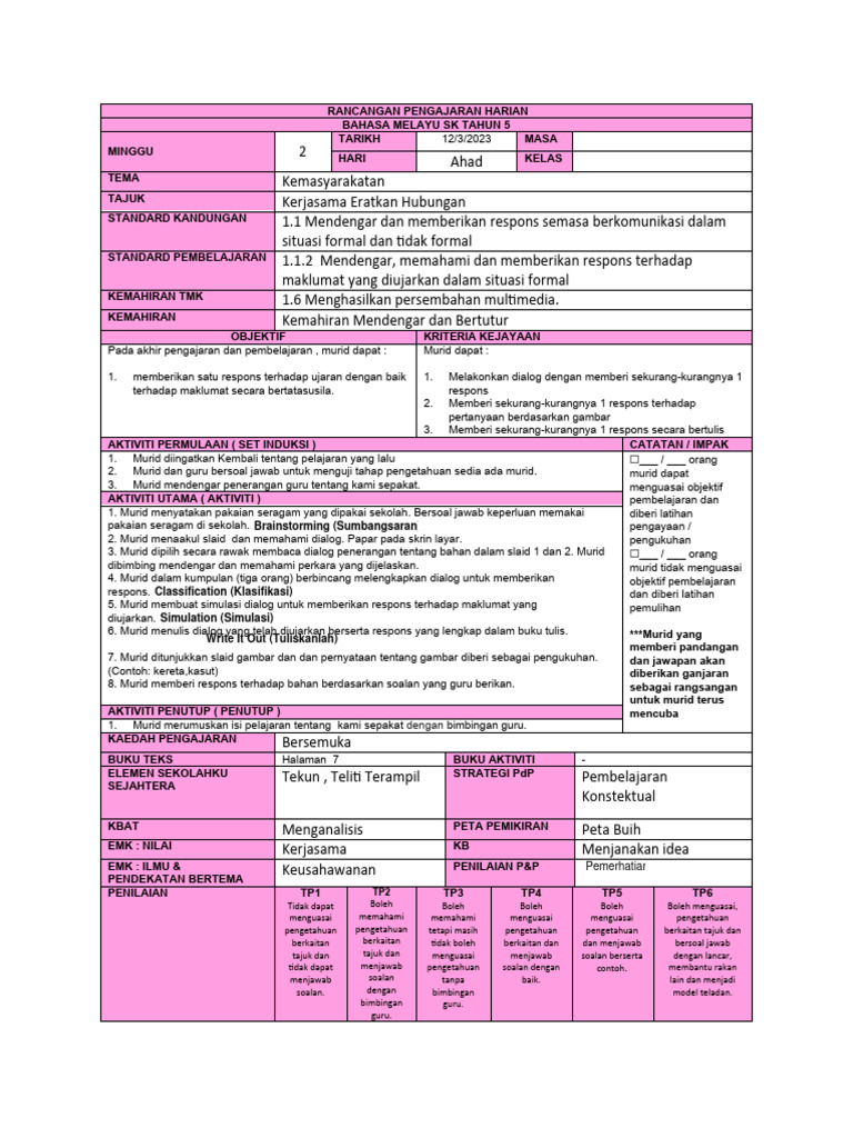 RPH Minggu 2 BM SK THN 5 2024 by Cikgu Gorgeous | PDF