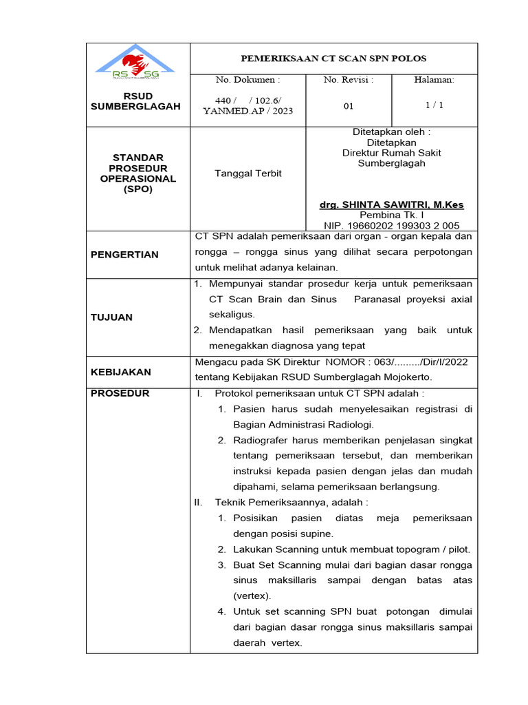 SPO CT Scan SPN Non Kontras | PDF | Kesehatan Holistik | Teknologi & Rekayasa