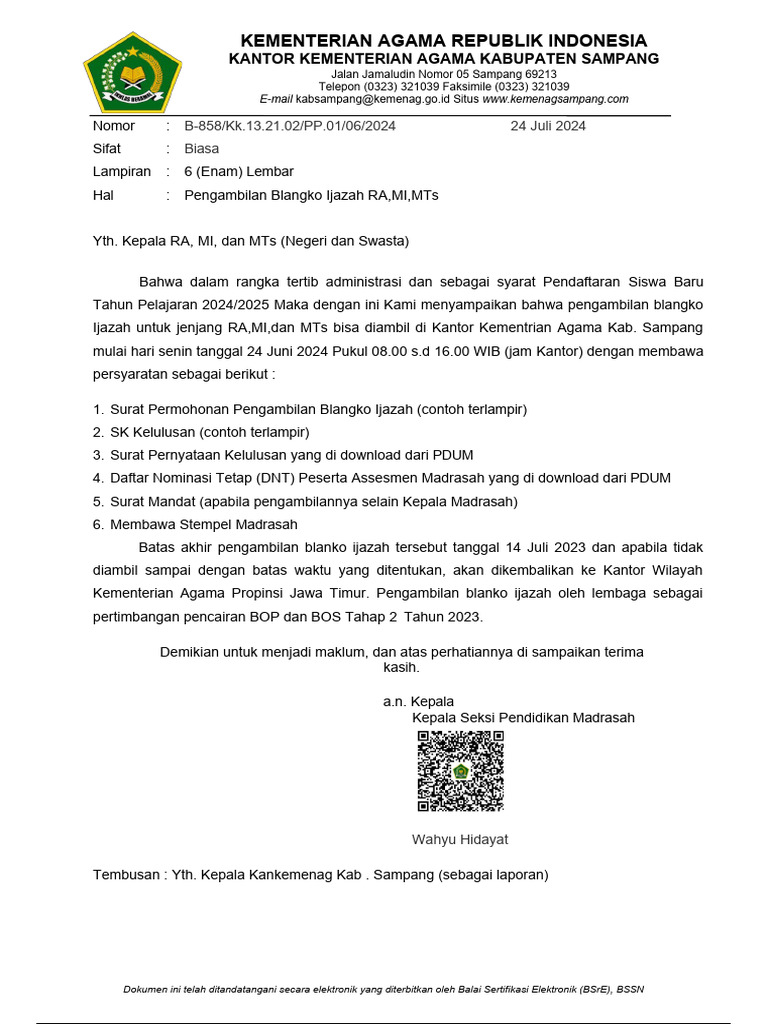 Pengambilan Blangko Ijazah Madrasah 2024 | PDF