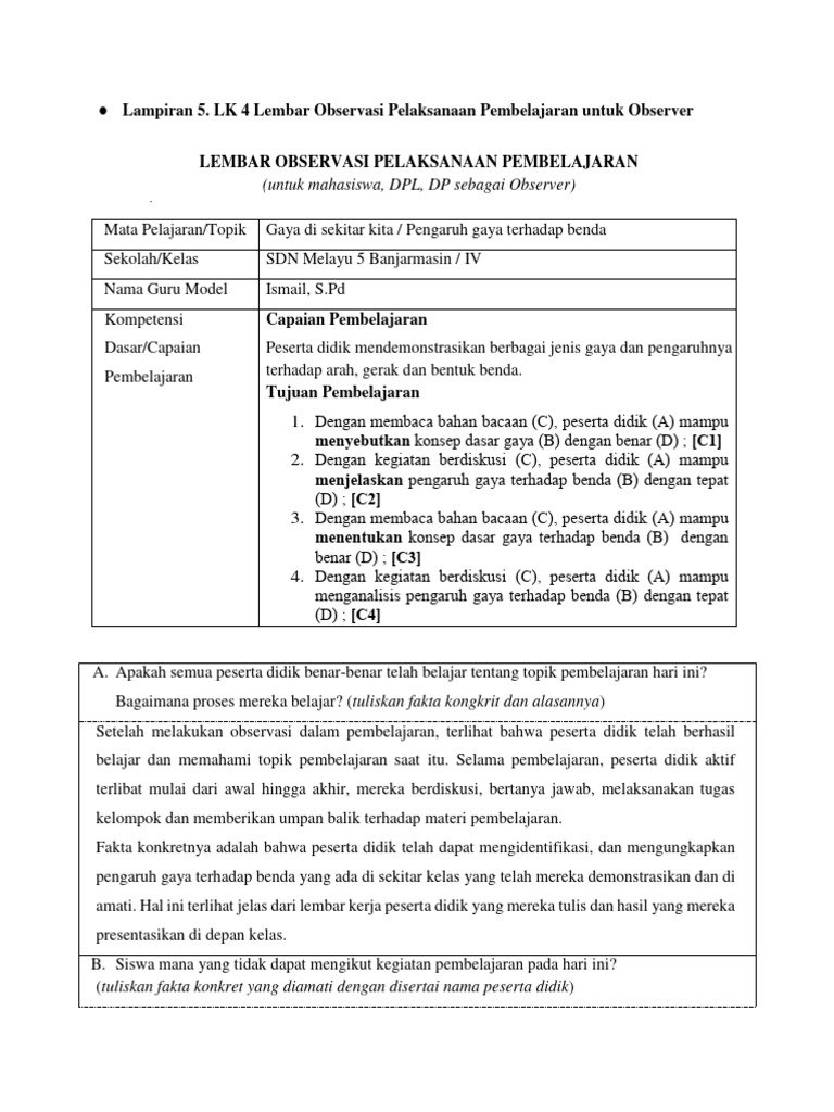 T3-LK4-Lembar Observasi Pelaksanaan Pembelajaran Untuk Observasi | PDF | Karier & Perkembangan