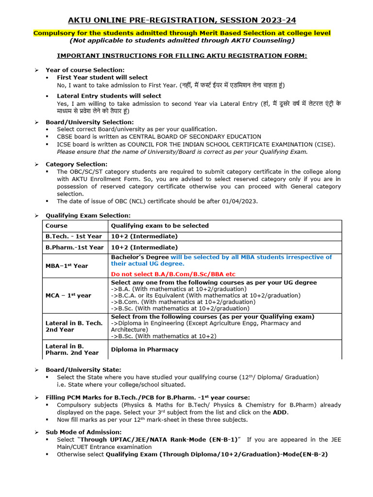 AKTU Online Registration Process and Important Instructions For Directly Admitted Students-2023 ...