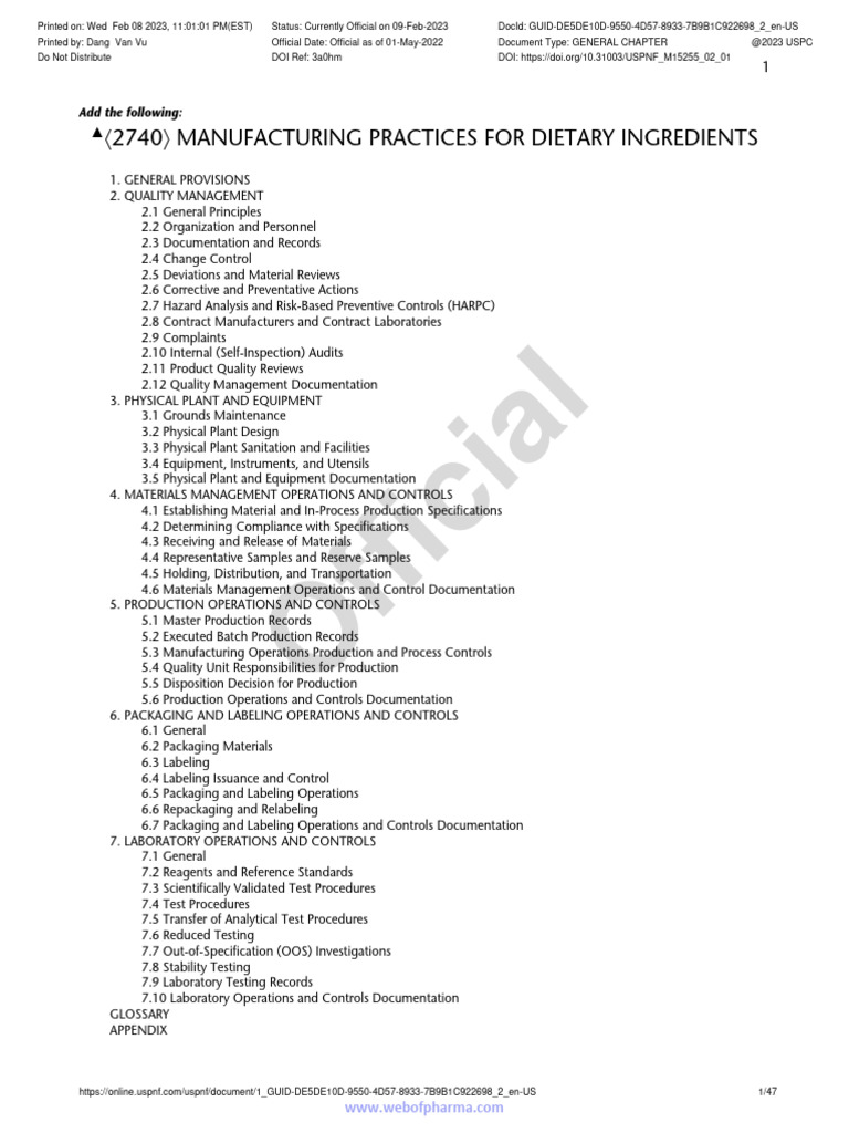 〈2740〉 Manufacturing Practices For Dietary Ingredients | PDF | Hazards ...