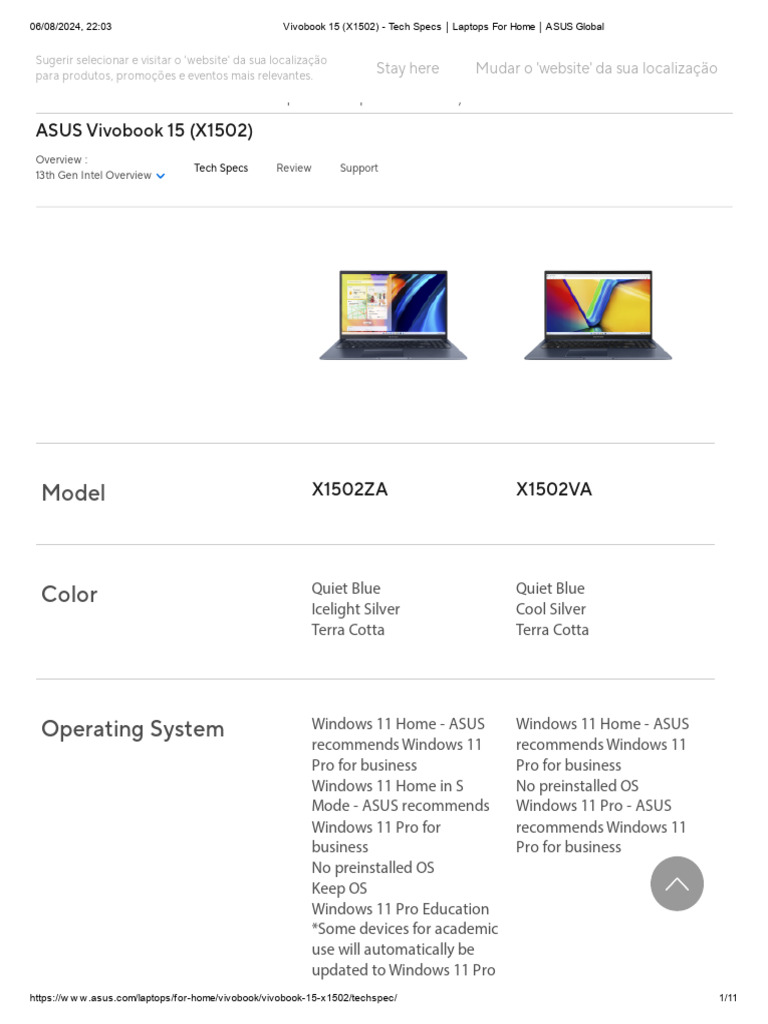 ASUS Vivobook 15 X1502 Specifications | PDF | Personal Computers | Laptop