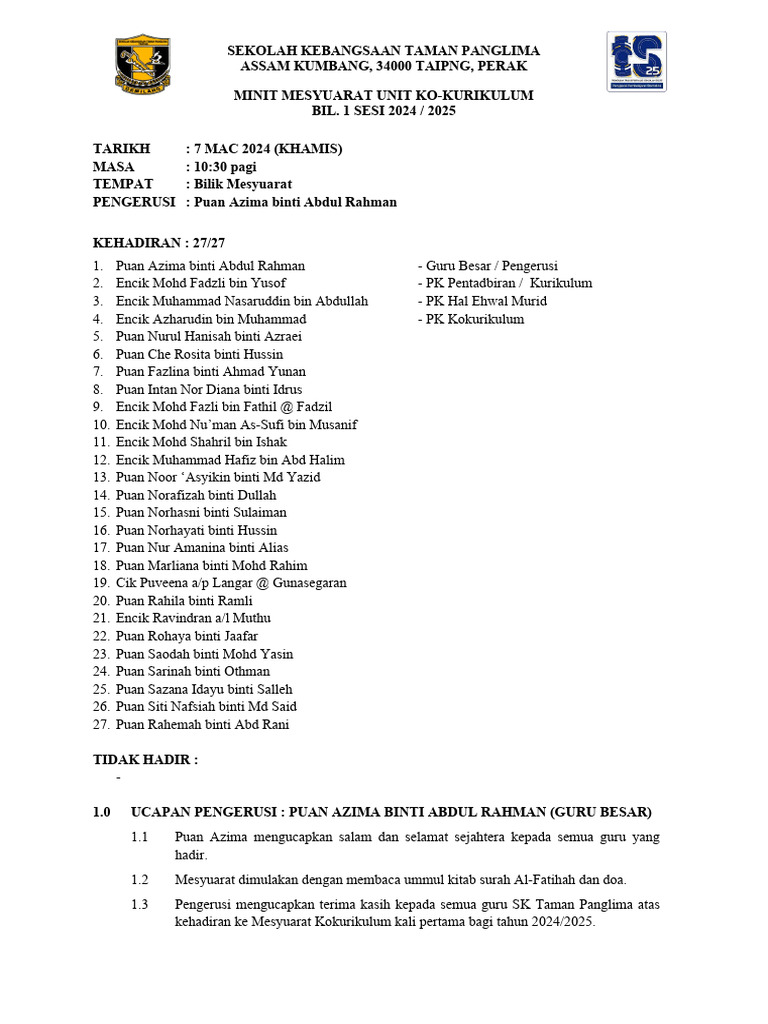 Minit Mesyuarat Kokurikulum Bil.1 2024 | PDF