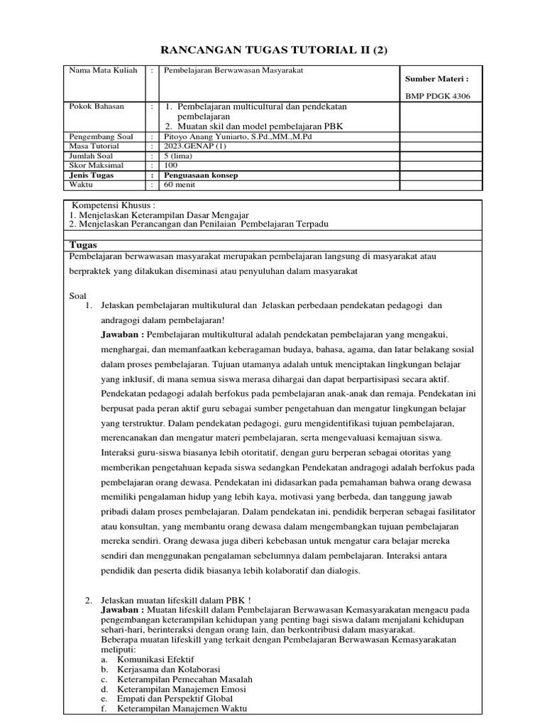 JAWABAN RANCANGAN TUGAS TUTORIAl II PBK | PDF | Karier & Perkembangan