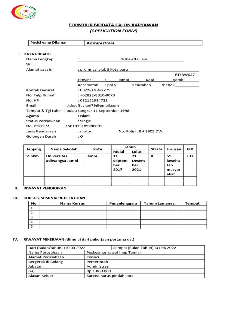 Formulir Biodata Calon Karyawan | PDF