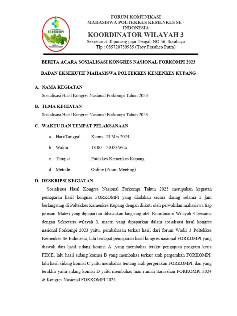 Ba Sosialisasi Kongres Nasional Forkompi Polkesku. 2024 | PDF