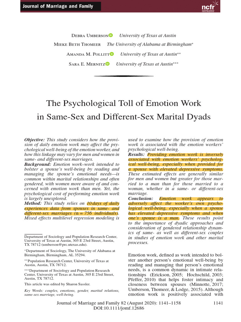 Umberson Et Al - 2020 - Psychological Toll of Emotion Work in Same-Sex ...