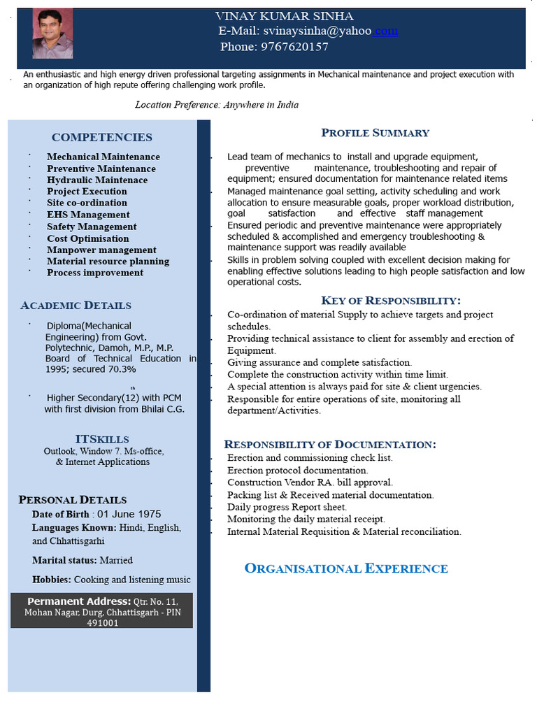 CV - Vinay Sinha - Mechanical Maintenace | PDF | Pipe (Fluid Conveyance) | Gear