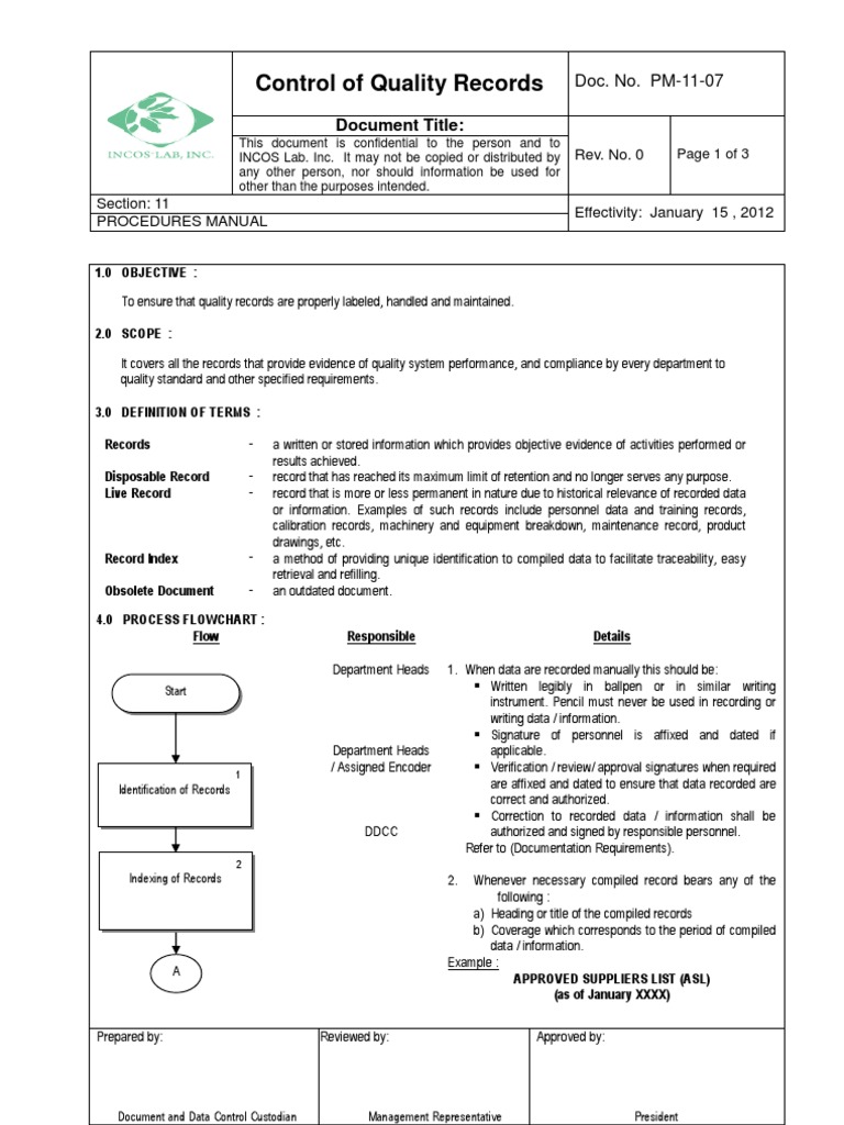 PM-11-07 Control of Quality Records - REV.00 | PDF | Verification And ...