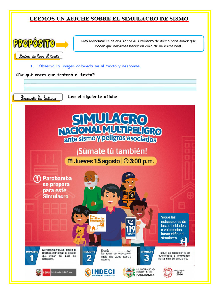 Ficha Com. 13 Agosto Leemos Un Afiche Sobre El Simulacro de Sismo | PDF