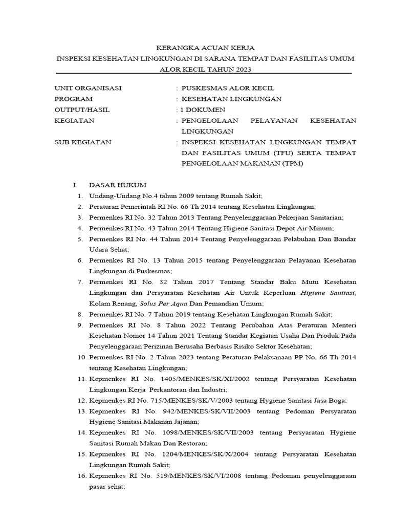 KAK Kesling Di Sarana TFU Dan TPP 2023 | PDF