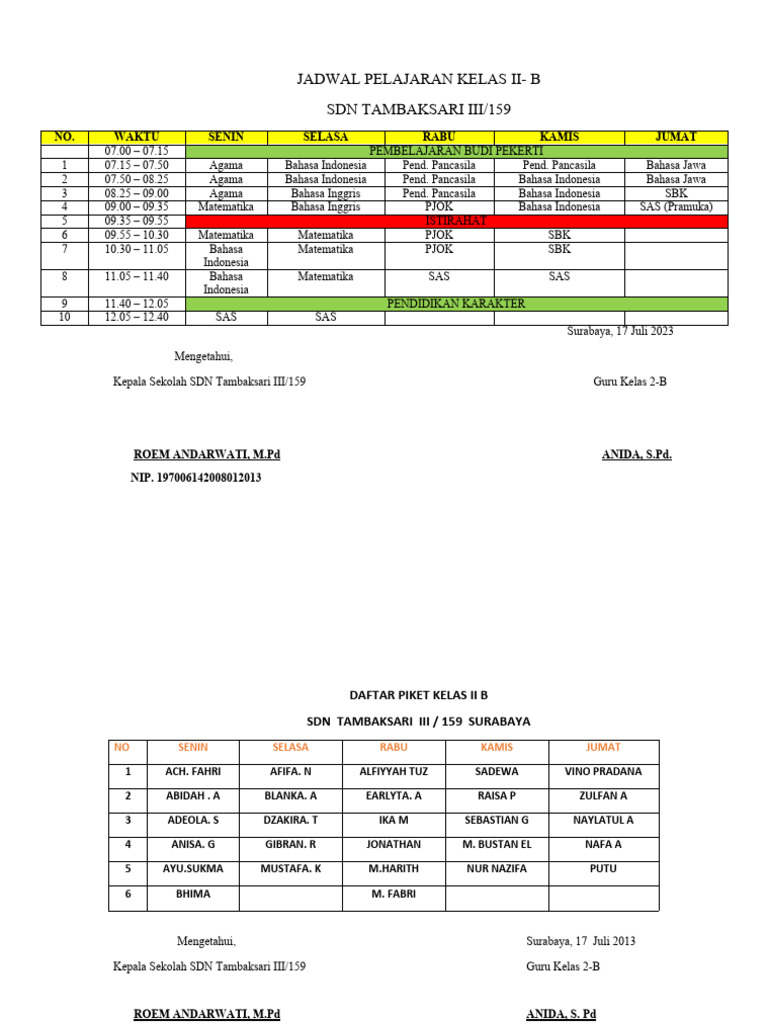 Jadwal Kelas 2B 2023 - 2024 | PDF