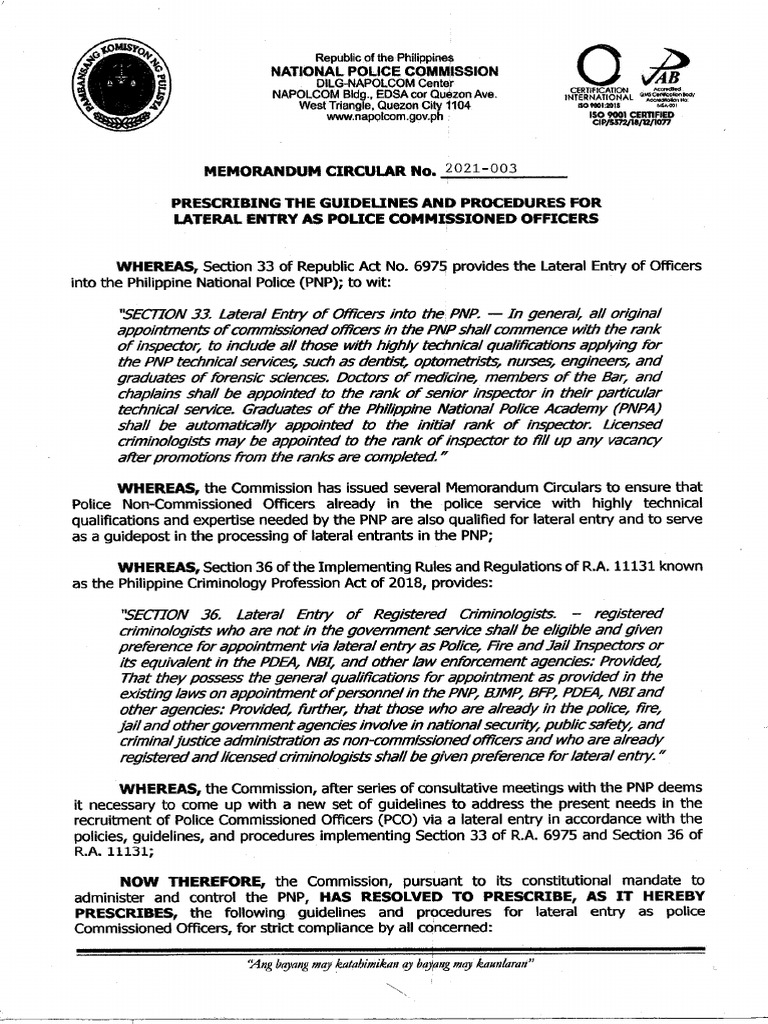 Napolcom MC No 2021-003 | PDF