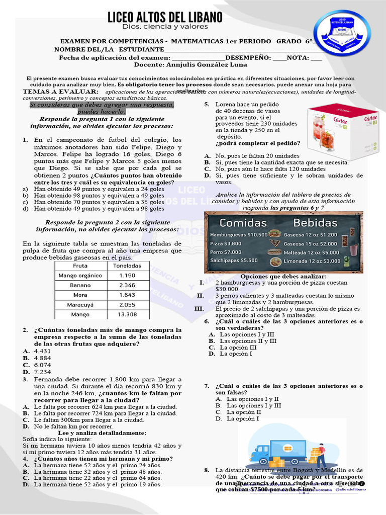 Examen de Matematica P1 Grado 6°p1 | PDF