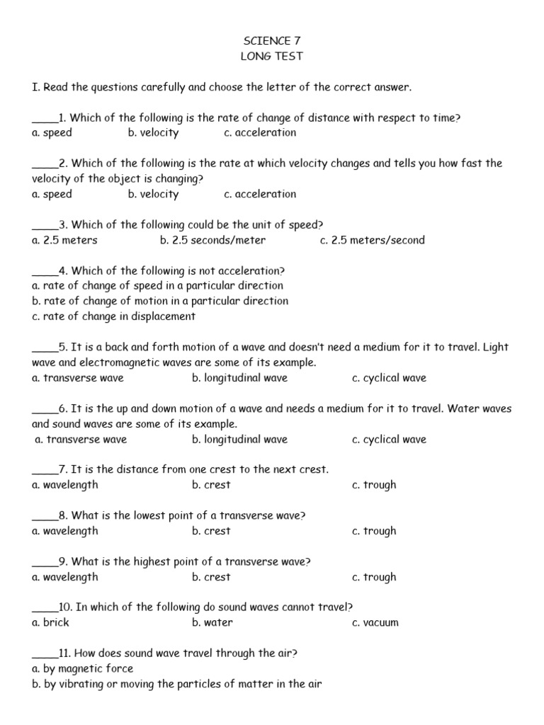 Science 7 - 4th Quarter Long Test | PDF | Waves | Light