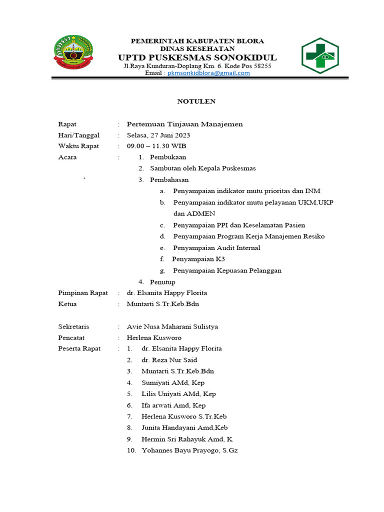 Notulen Hasil Pertemuan Tinjauan Manajemen | PDF