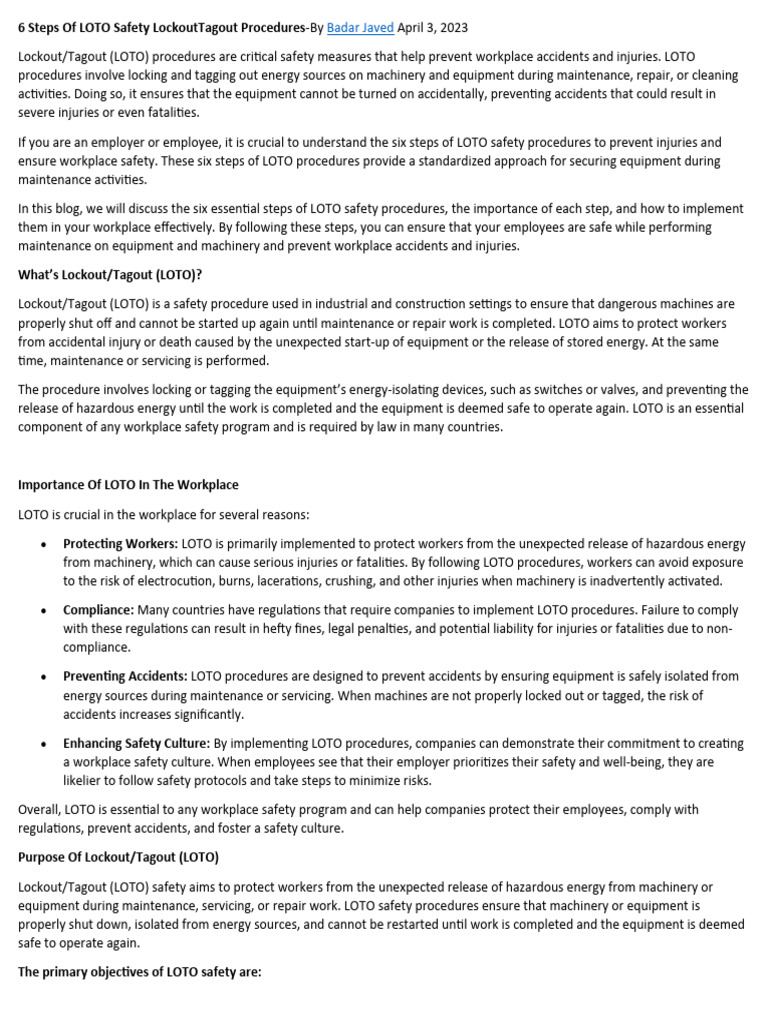 6 Steps of LOTO Safety Lockout Tagout Procedures | PDF | Safety ...