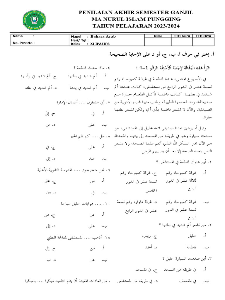 Soal Pas Bahasa Arab Xi 23-24 | PDF