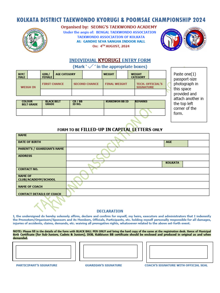 Kyorugi Entry Form for Championship 2024 | PDF | Korean Martial Arts ...