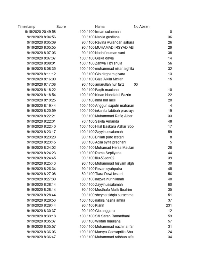 Soal Kuis Kelas 1 (Respons) | PDF | Game & Aktivitas