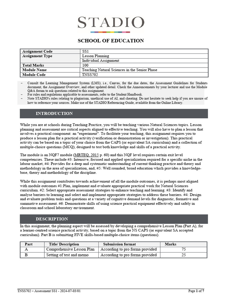 STADIO Assignment Template - TNSS702-SS1 - FINAL | PDF | Lesson Plan ...