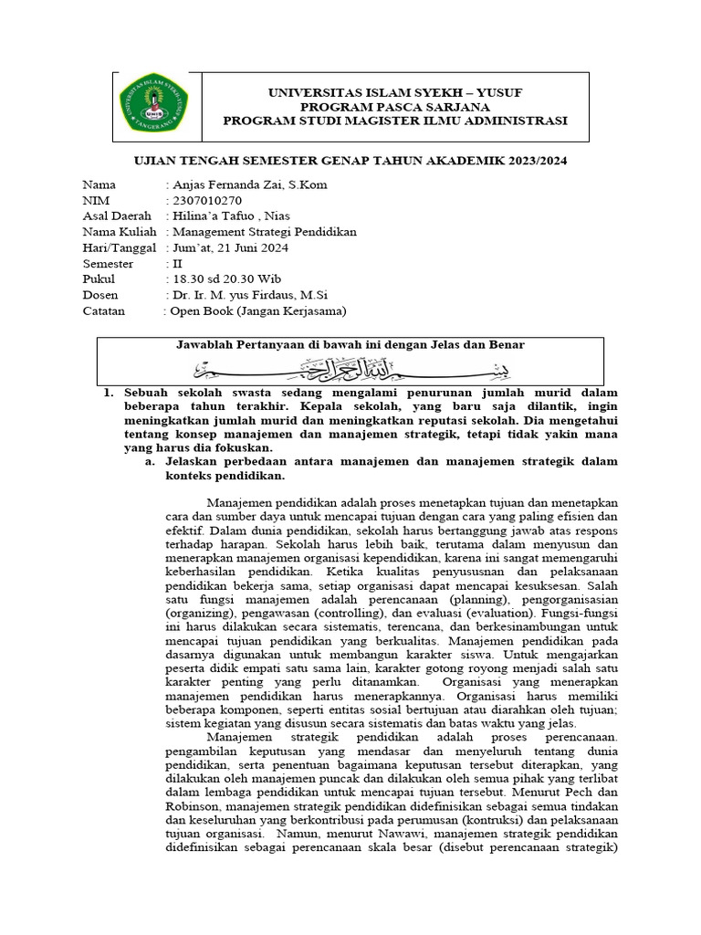 UTS Management Strategi Pendidikan, Anjas Fernanda Zai, 2307010270 | PDF | Karier & Perkembangan ...